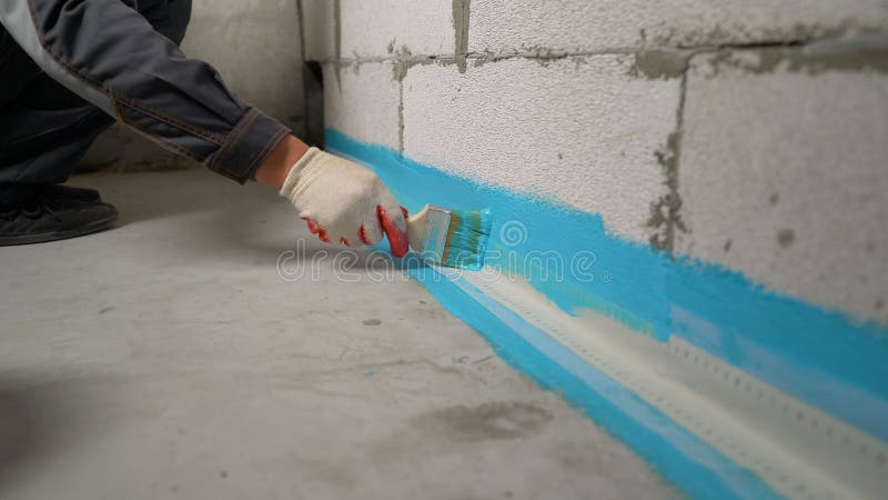 Construction Worker Applying Waterproofing Paint Basement Wall Stock ...