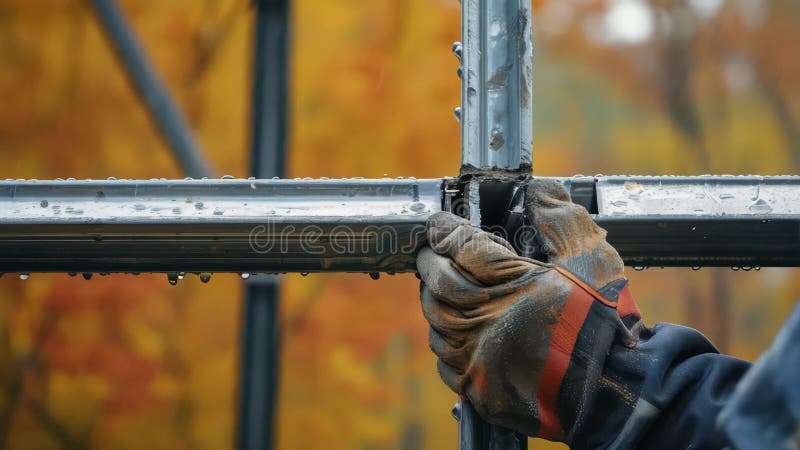 Construction Worker Assembling Metal Framework in Autumn Scenery with ...
