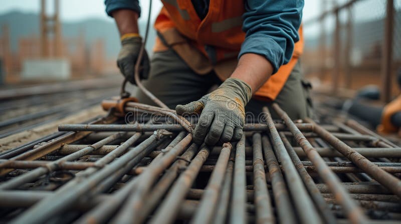 Construction Worker Assembling Reinforcement Steel Rods at Site Stock ...