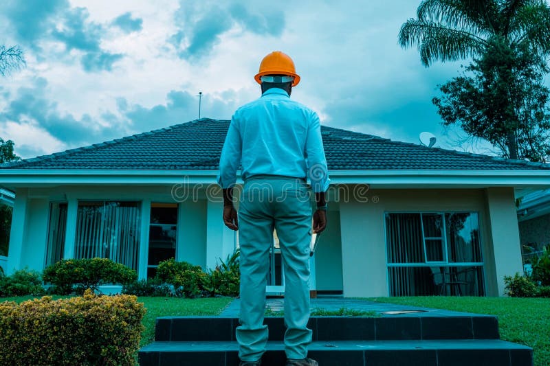 Construction Worker Assesses Residential Property Under Dramatic Sky ...