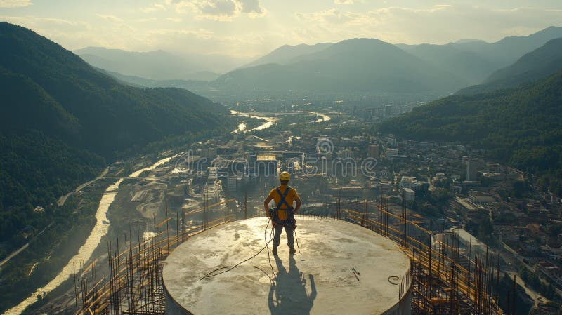 Construction Worker Atop a Massive Structure, Overlooking a Valley City Stock Illustration ...