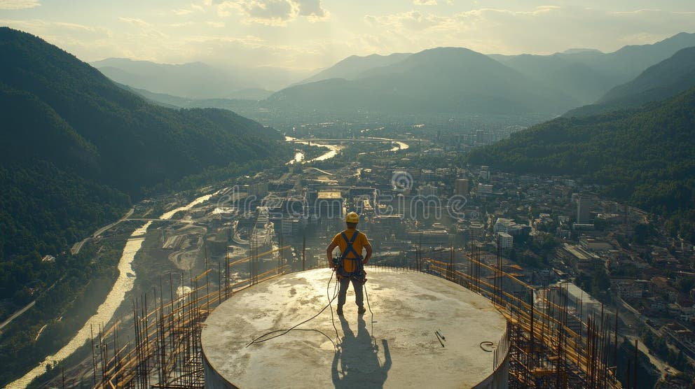 Construction Worker Atop a Massive Structure, Overlooking a Valley City ...