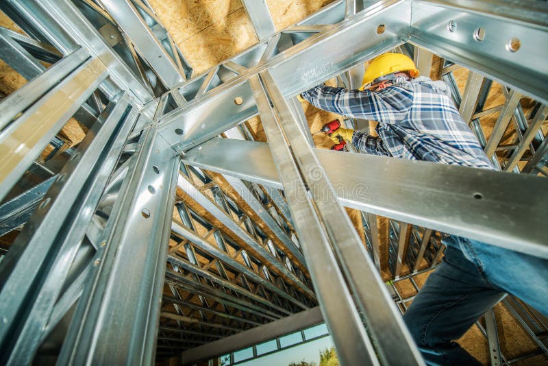 Construction Worker Attaching Metal Frame Elements Stock Image - Image ...