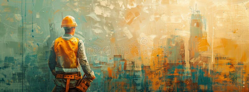 Construction Worker on Background Vibrant Abstract Cityscape Painting ...