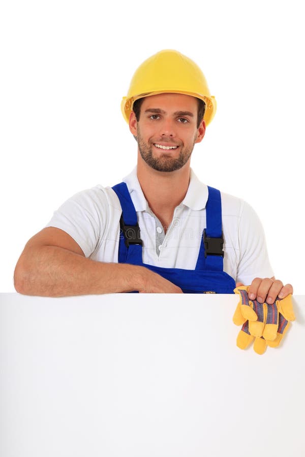 Construction Worker Behind Blank White Sign Stock Image - Image of ...