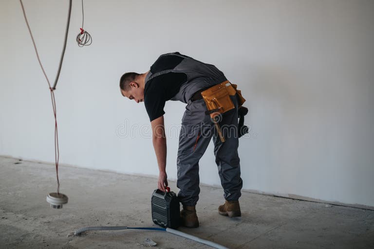 Construction Worker Organizing Tools Inside a Building Under Renovation ...