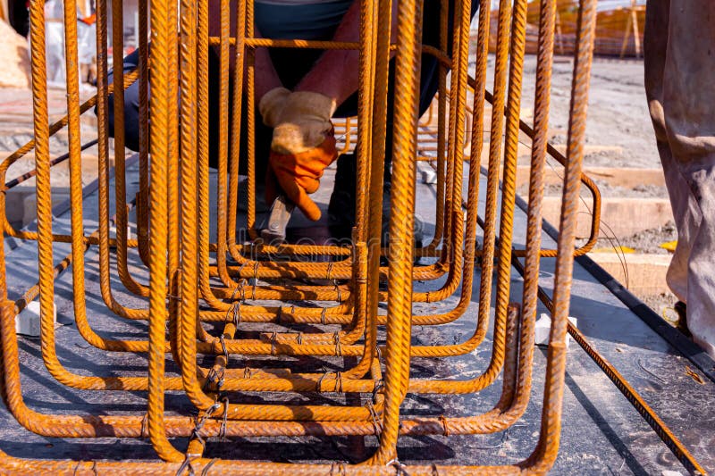 Tying Rebar with Plastic Cable Ties. Stock Image - Image of steel ...