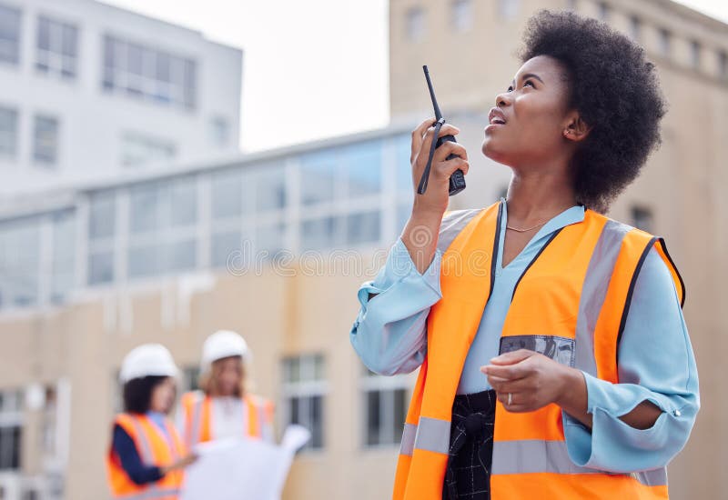 Construction Worker, Black Woman with Walkie Talkie and Inspection of ...