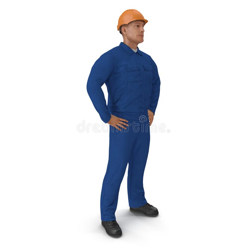 Construction Worker in Blue Coverall with Hardhat Standing Pose ...