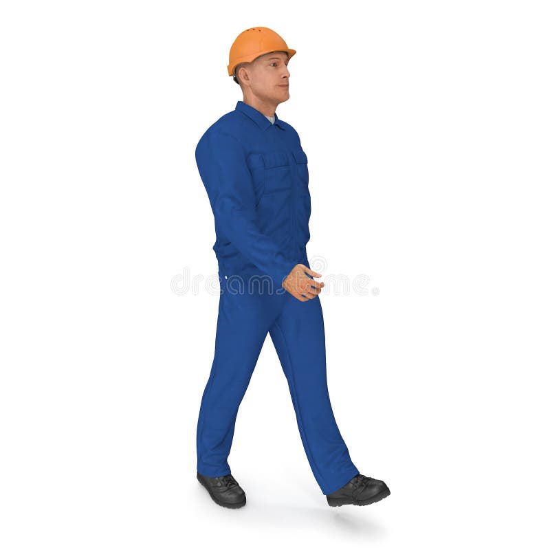 Construction Worker in Blue Coverall with Hardhat Standing Pose. 3D ...