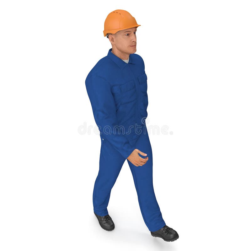 Construction Worker in Blue Coverall with Hardhat Standing Pose. 3D ...