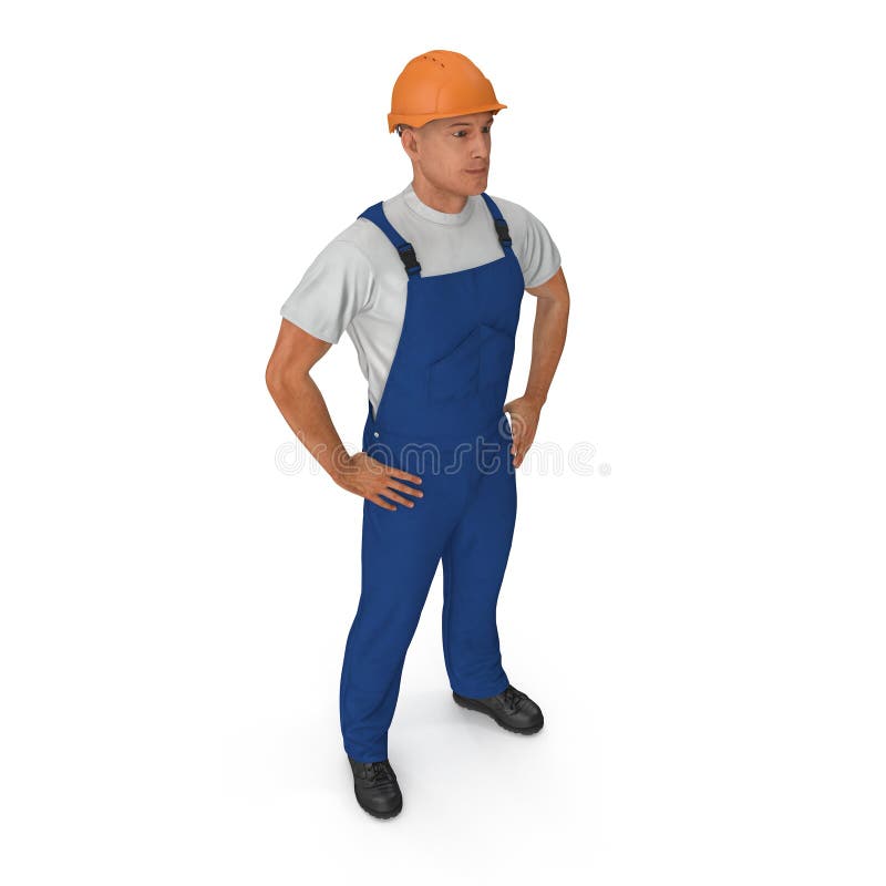 Construction Worker in Blue Overall with Hardhat Standing Pose Isolated ...
