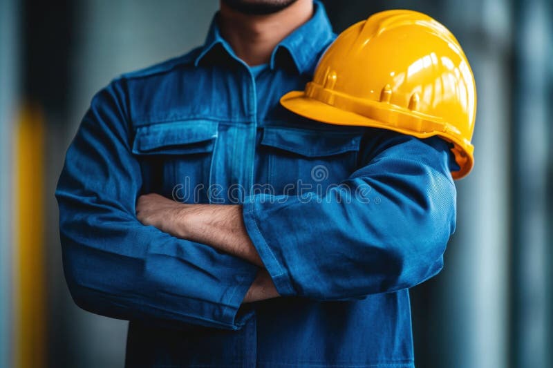 Construction Worker in Blue Uniform Holding Safety Helmet during Work ...