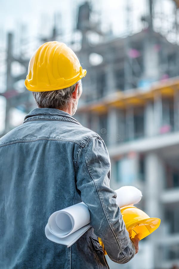 Construction Worker with Blueprints and Hard Hat at Building Site, Back ...