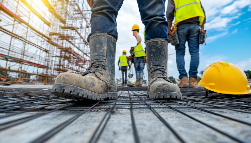 Construction Worker Boots, Hard Hat, and Team on Scaffolding at ...