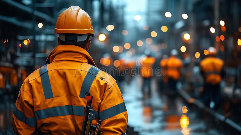 A Construction Worker in a Bright Orange Jacket and Hard Hat Stands ...