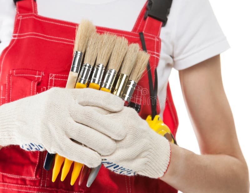 Construction Worker with Brushes Stock Image - Image of brush, hand ...