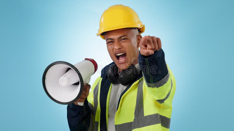 Construction Worker, Builder or Angry Man with Megaphone in Studio for ...