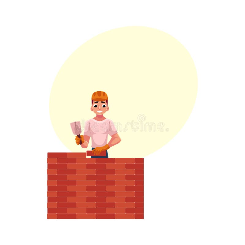 Construction Worker, Builder in Hardhat Building Brick Wall Stock ...
