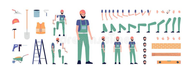 Construction Worker Character Animation Set Flat Vector Illustration ...