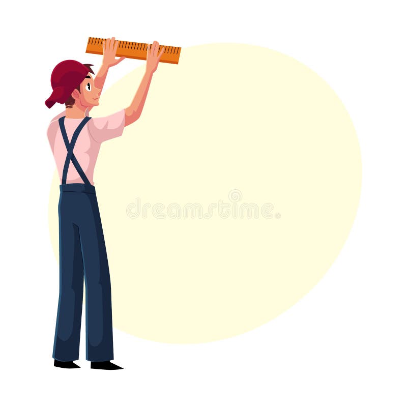 Construction Worker, Builder in Uniform Measuring Wall with a Ruler ...