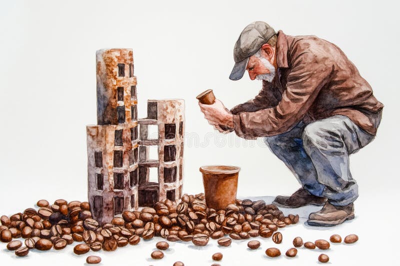 Construction Worker Building a Coffee Bean Skyscraper Stock Image ...