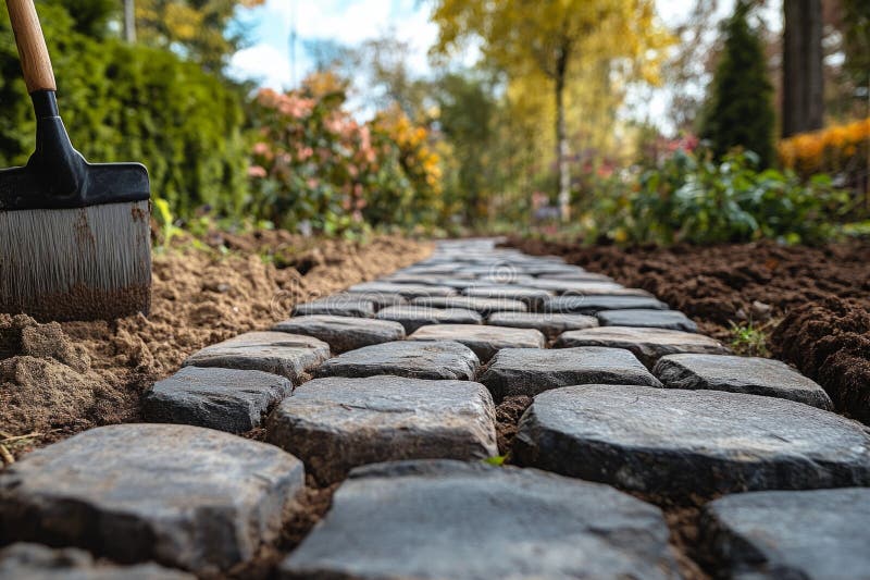 Construction Worker Building a Garden Path Using Large Irregular ...