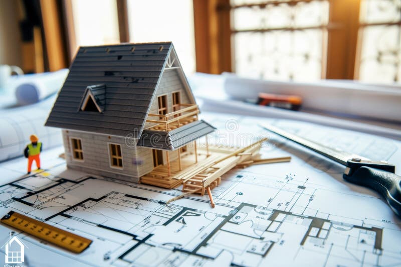 Construction Worker Building House on Blueprints - Building and ...