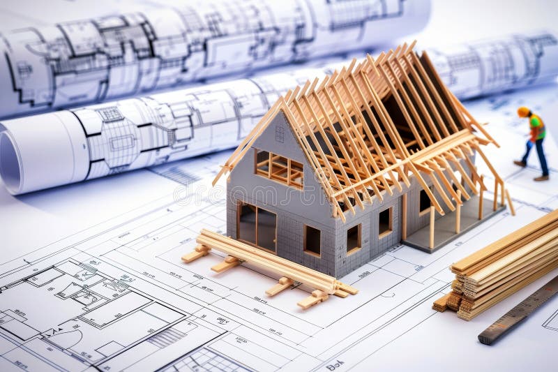 Construction Worker Building House on Blueprints - Construction Project ...