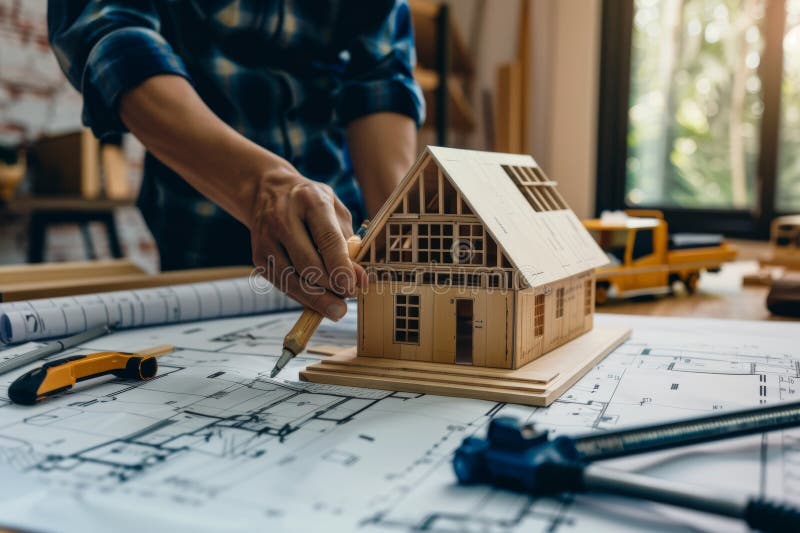 Construction Worker Building House with Blueprints - Residential ...