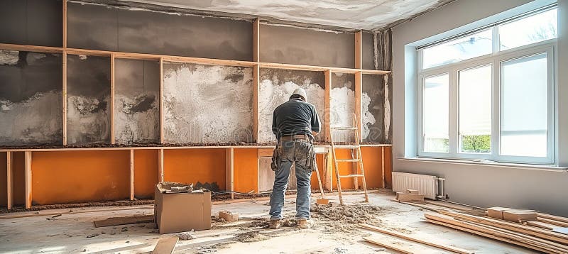 Construction Worker Building Shelf in Apartment Renovation Project ...