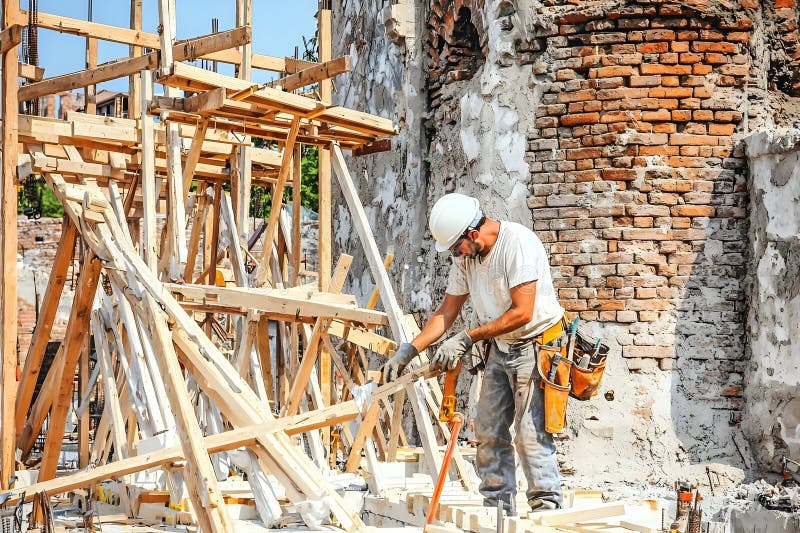 Construction Worker on a Building Site Meticulously Building the Frame Stock Illustration ...