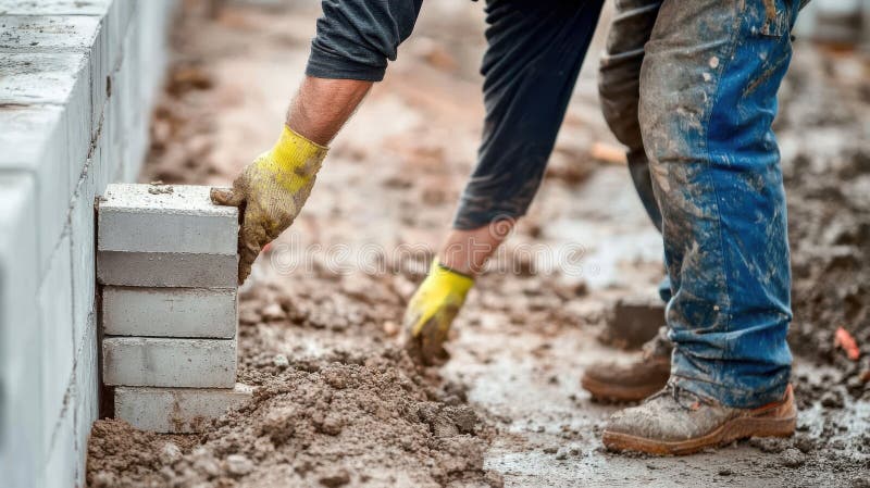 Construction Worker Building a Wall with Concrete Blocks Stock Image ...
