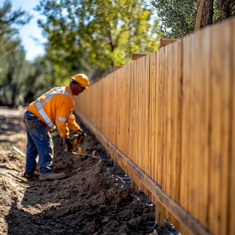 Construction Worker Building a Wooden Fence Outdoors. Stock Photo ...