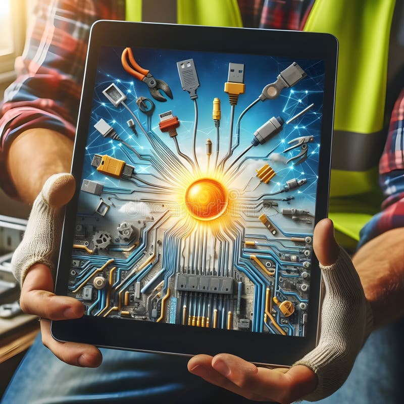 Construction Worker Cables Icons Connections Smart Industry Tablet ...