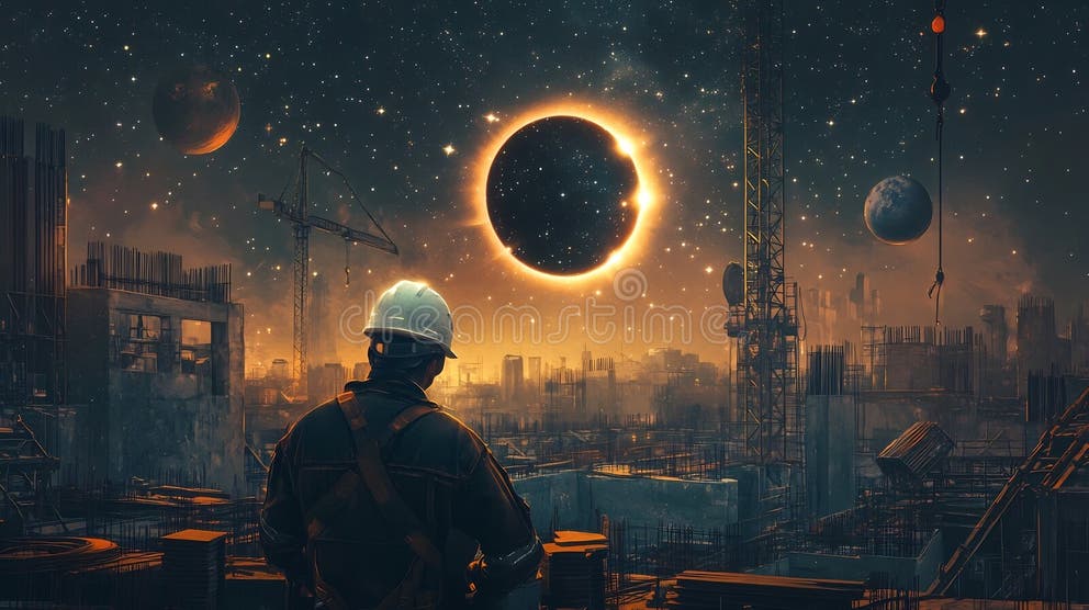 Construction Worker Captivated by Rare Solar Eclipse Above Industrial ...
