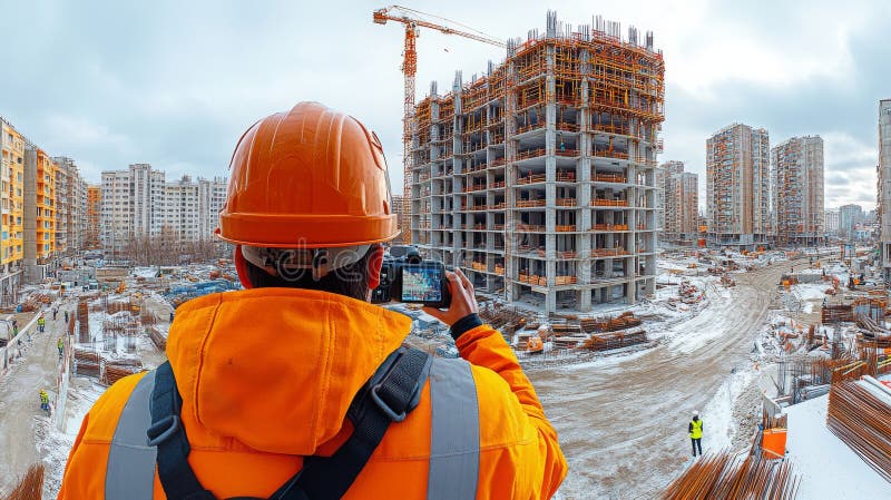 Construction Worker Capturing Progress on a Building Site during Winter ...