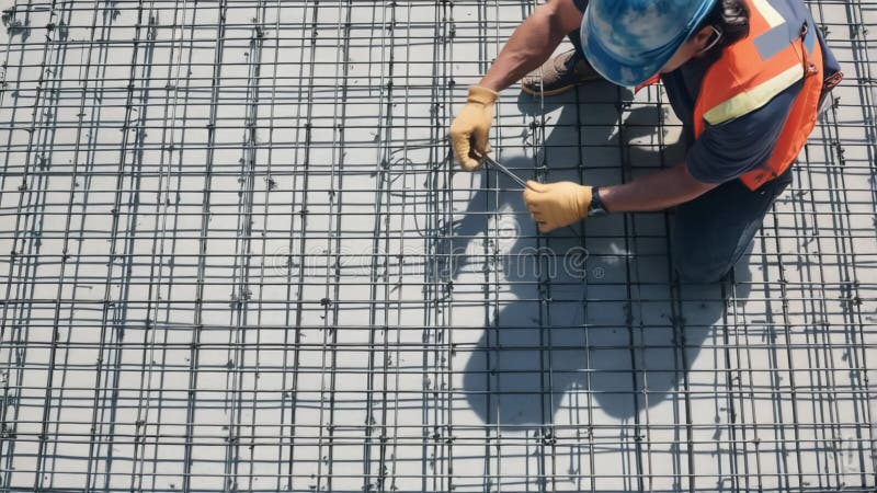 A Construction Worker Carefully Arranges Rebar on a Concrete Surface ...