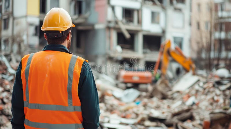 Construction Worker Carefully Assesses Structural Damage at Demolition ...