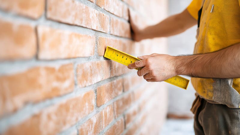 Close Up of Builder Using Level Tool Measuring Brick Wall Verifying ...