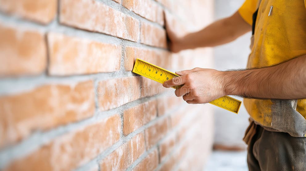 Close Up of Builder Using Level Tool Measuring Brick Wall Verifying ...