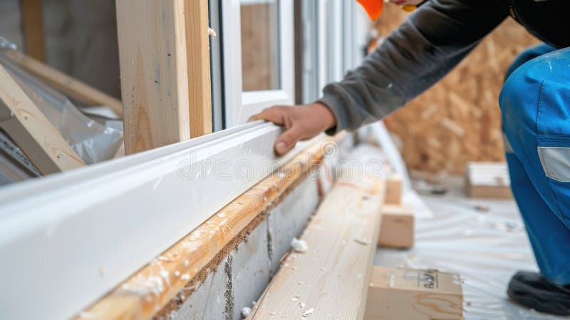 A Construction Worker Carefully Installs a New White Window Frame ...