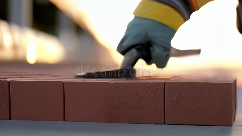Construction Worker Carefully Laying Red Bricks in Bright Light with ...