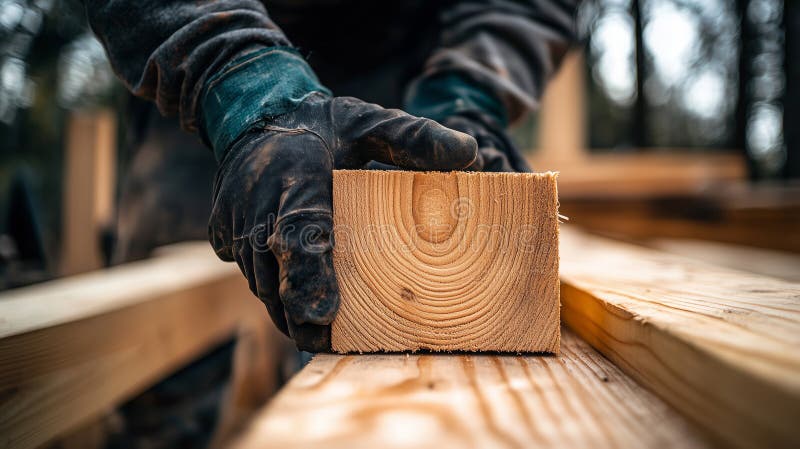Construction Worker Carefully Positioning Lumber on a Building Site at ...