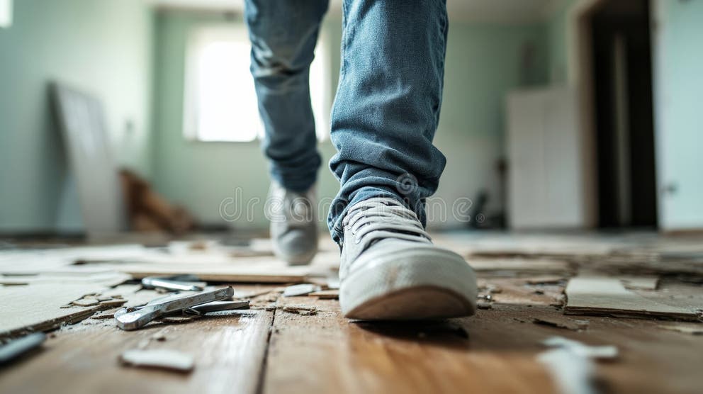Construction Worker Carefully Stepping on Broken Floorboards Amidst ...