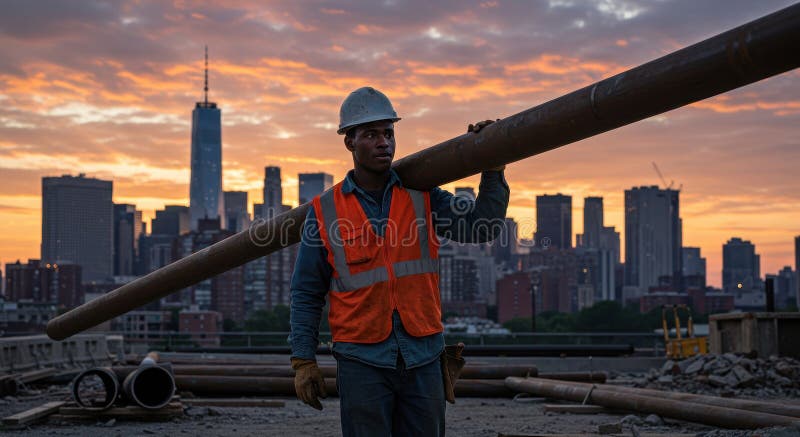Construction Worker Carrying a Pipe on His Shoulder at a Construction ...