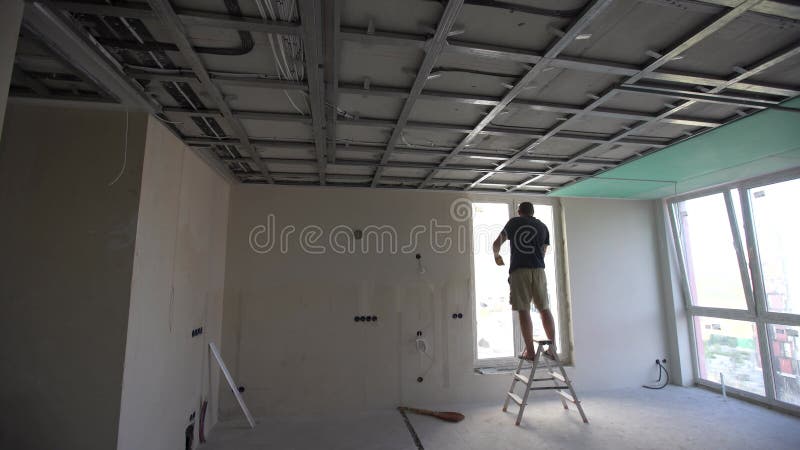 Construction Worker Ceiling Work Installation Stock Video - Video of ...