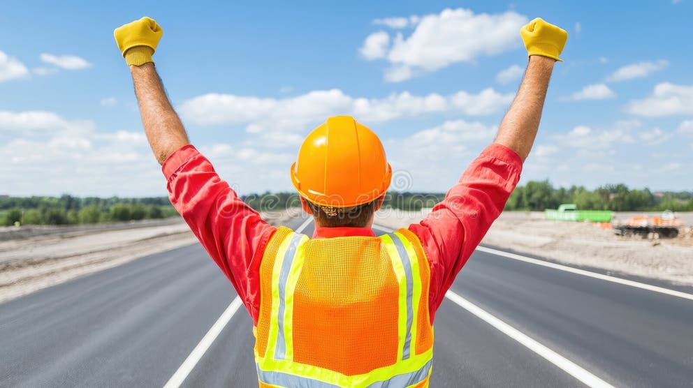 A Construction Worker Celebrates Completion of a Road Project ...