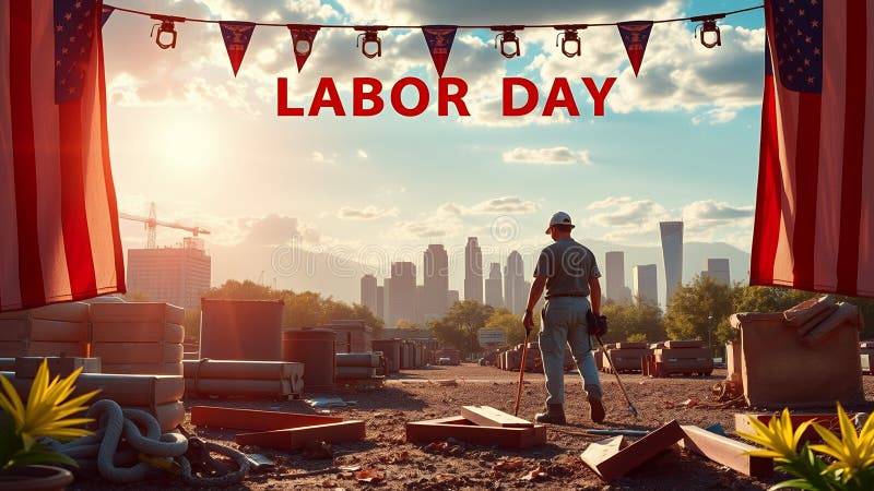 Construction Worker Celebrates Labor Day in Front of the City Skyline ...