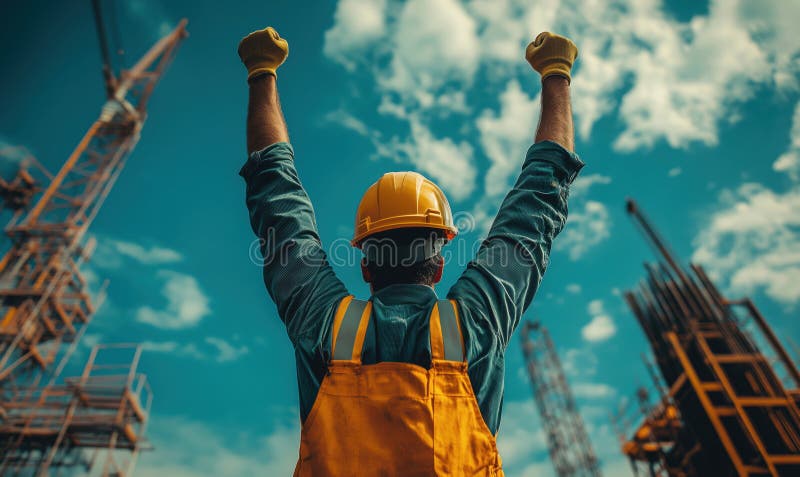Construction Worker Celebrating Success at Building Site with Cranes ...